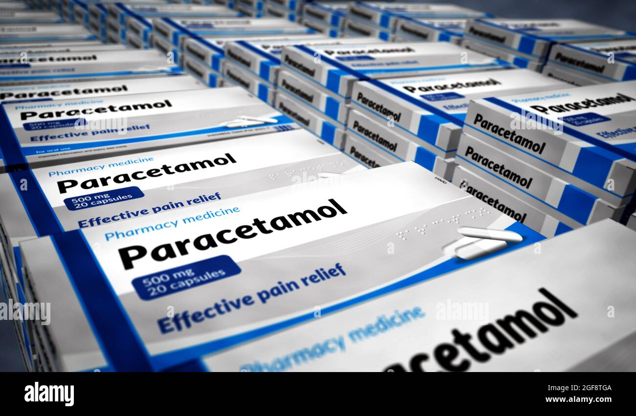 Paracetamol tablets box production line. Emergency painkiller, headache ...