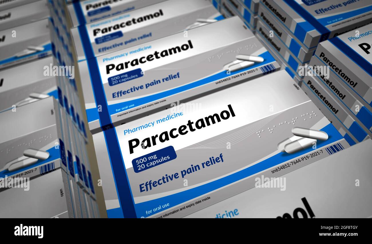 Paracetamol tablets box production line. Emergency painkiller, headache ...