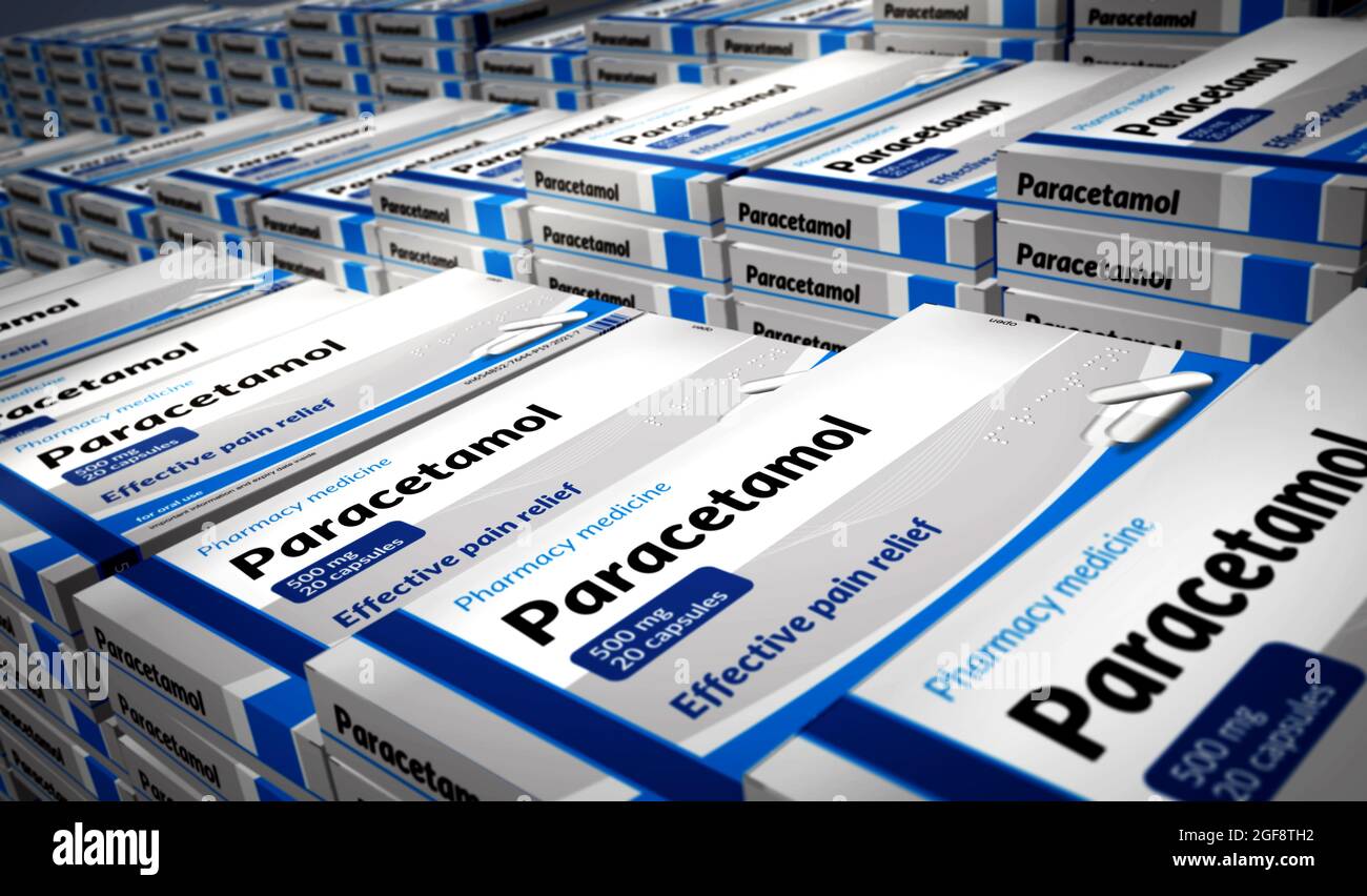Paracetamol tablets box production line. Emergency painkiller, headache ...