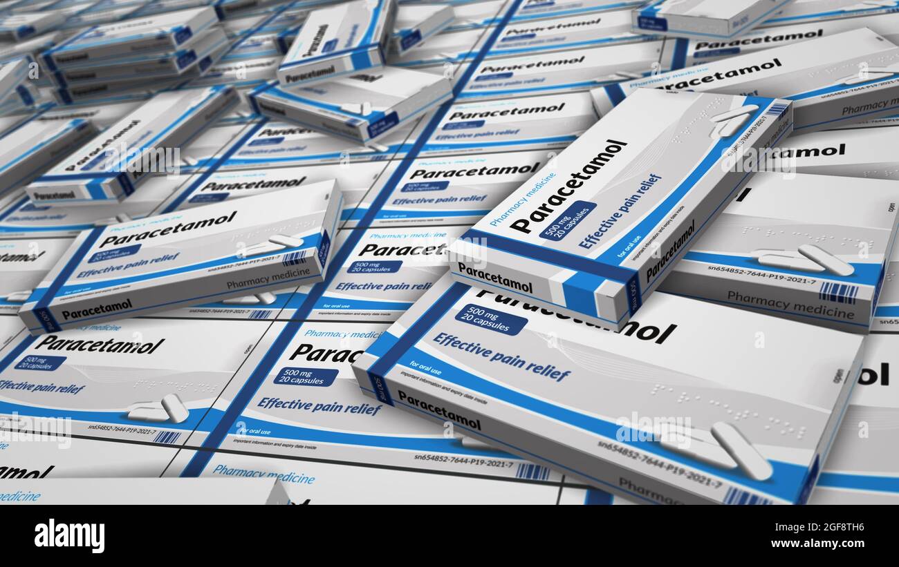 Paracetamol tablets box production line. Emergency painkiller, headache ...
