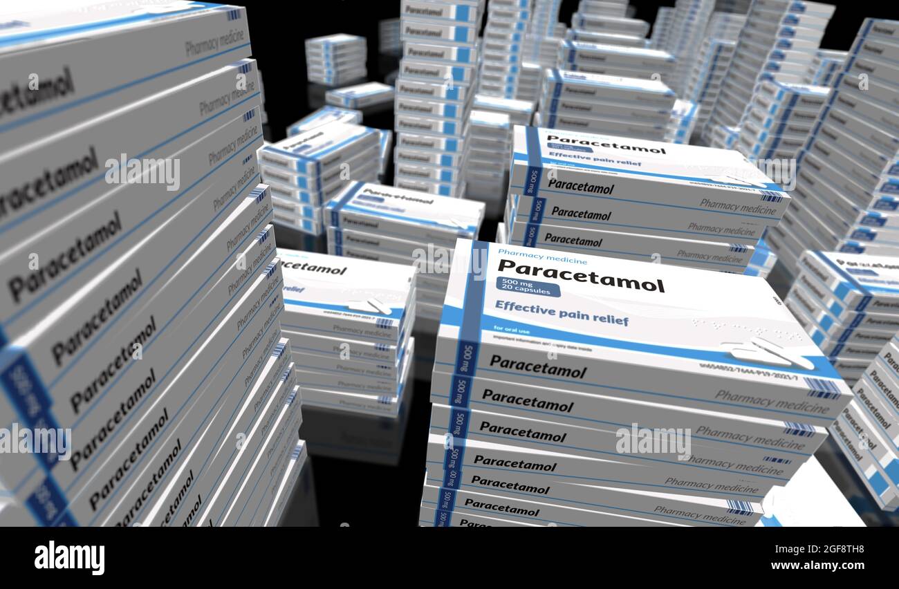 Paracetamol tablets box production line. Emergency painkiller, headache ...
