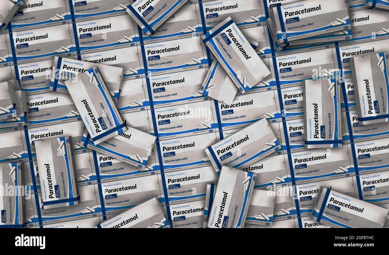 Paracetamol tablets box production line. Emergency painkiller, headache ...