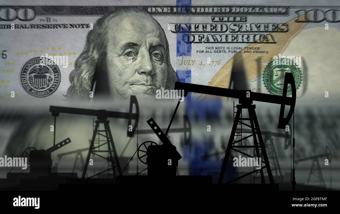 Hundred Dollar USA money counting machine with oil pump. Petroleum rig ...