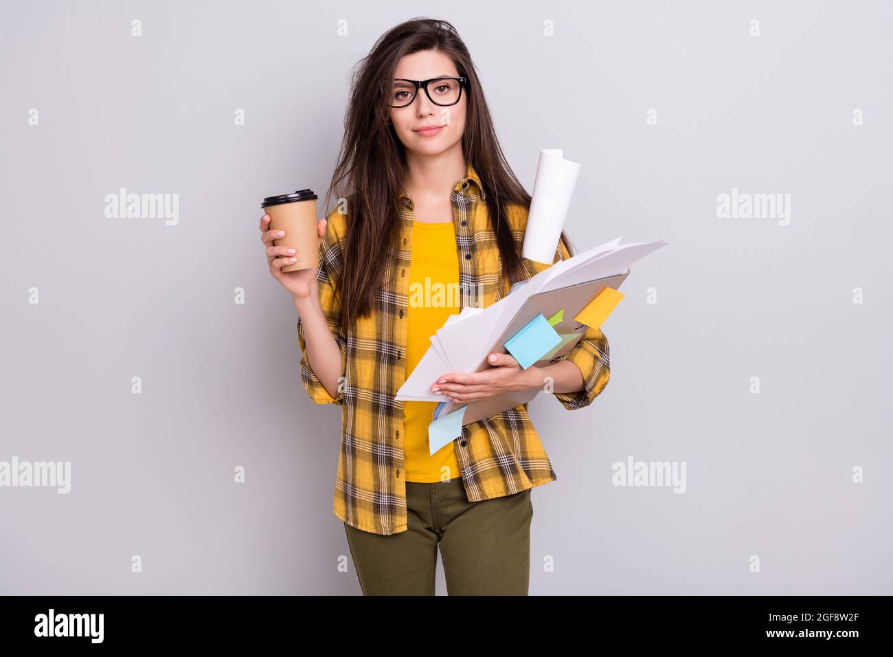 Photo of young woman unhappy upset overworked paper documents drink ...