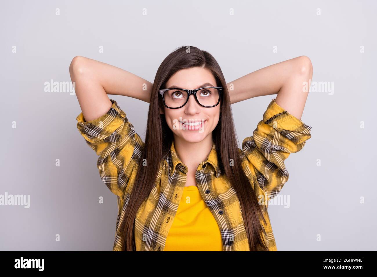 Top above high angle view photo of young girl happy positive smile ...