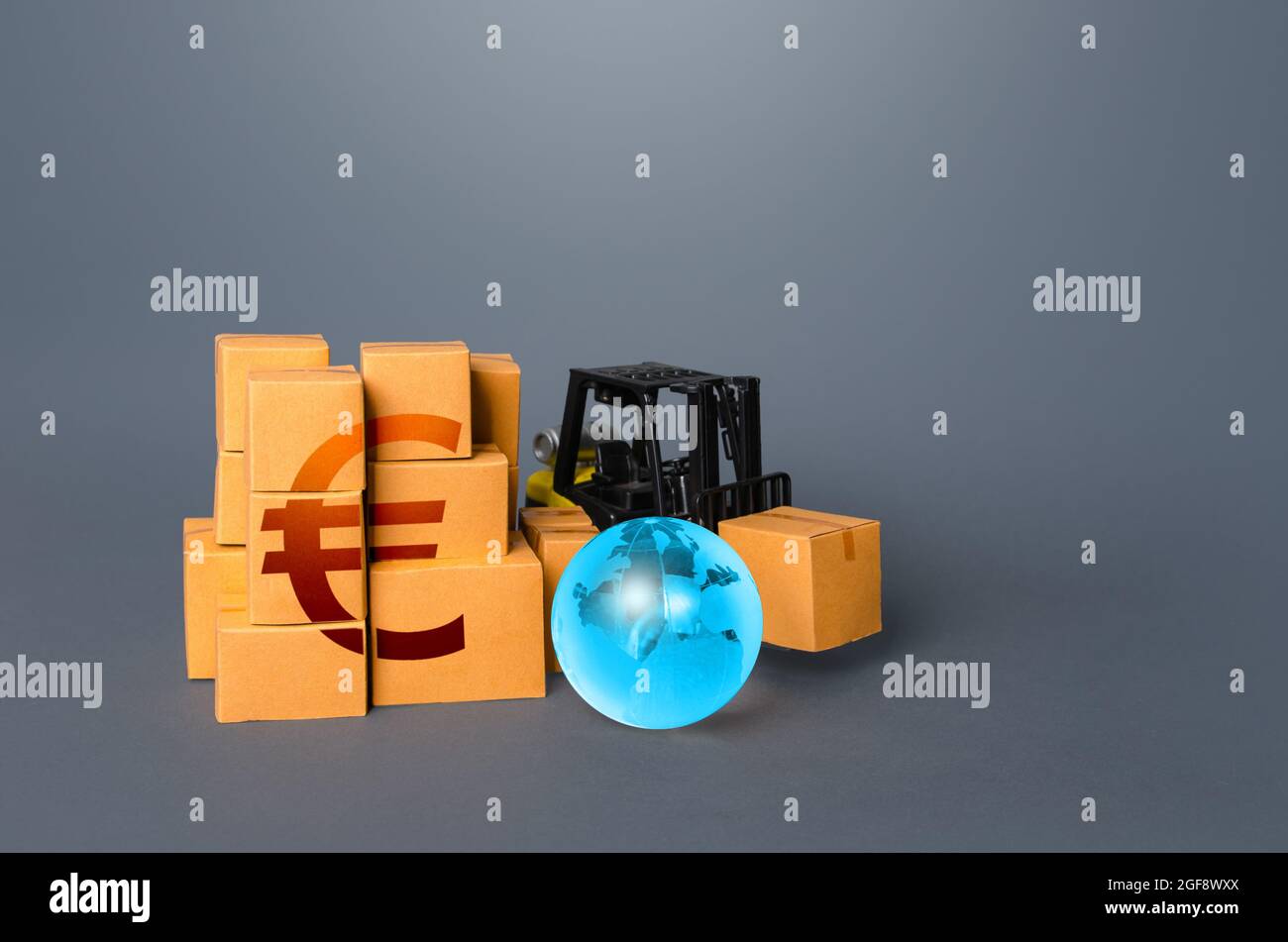 Forklift truck and boxes with Euro symbol. Trade and transportation of ...