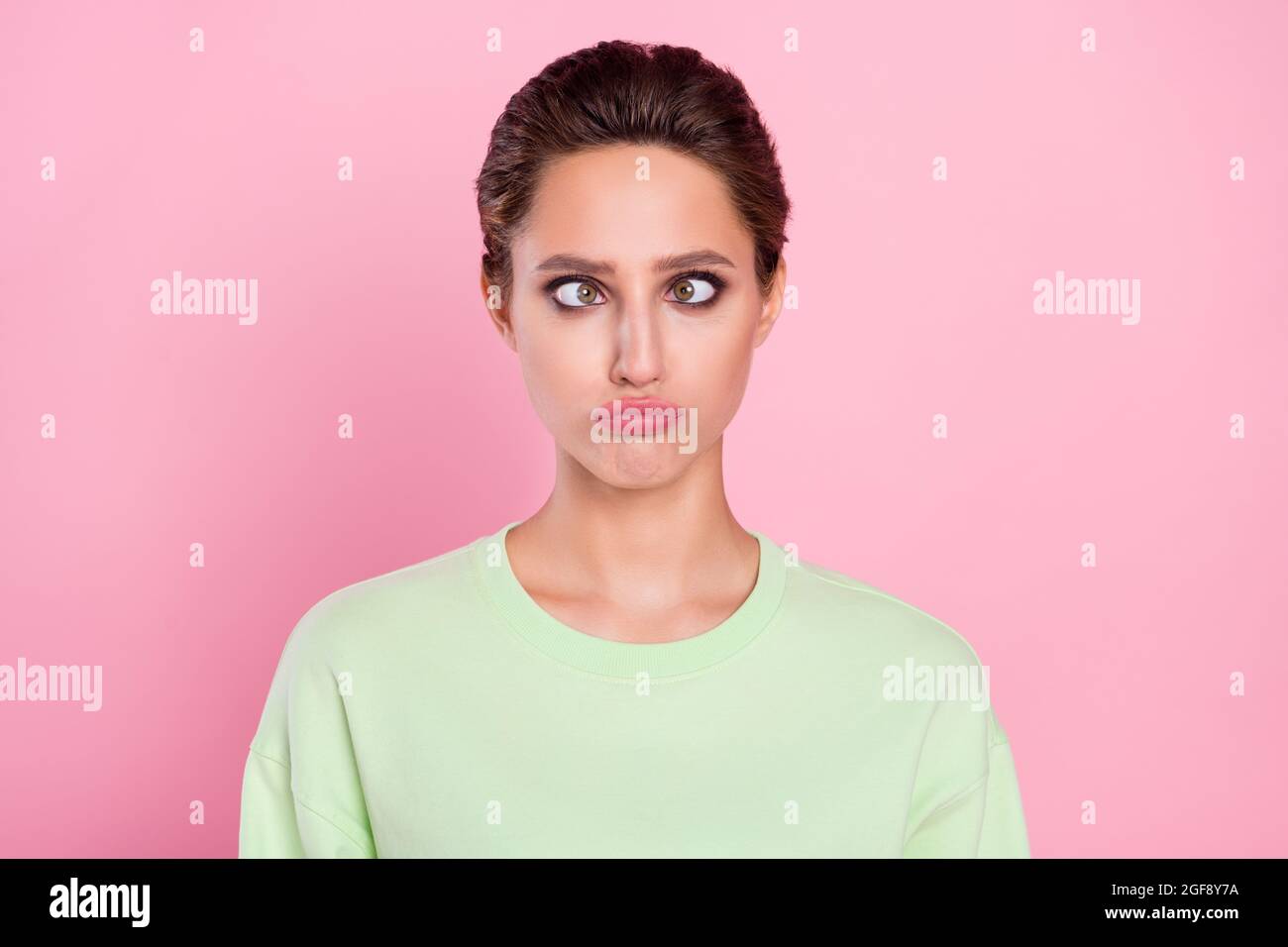 Photo of young girl fooling grimace face squint eyes pouted lips ...