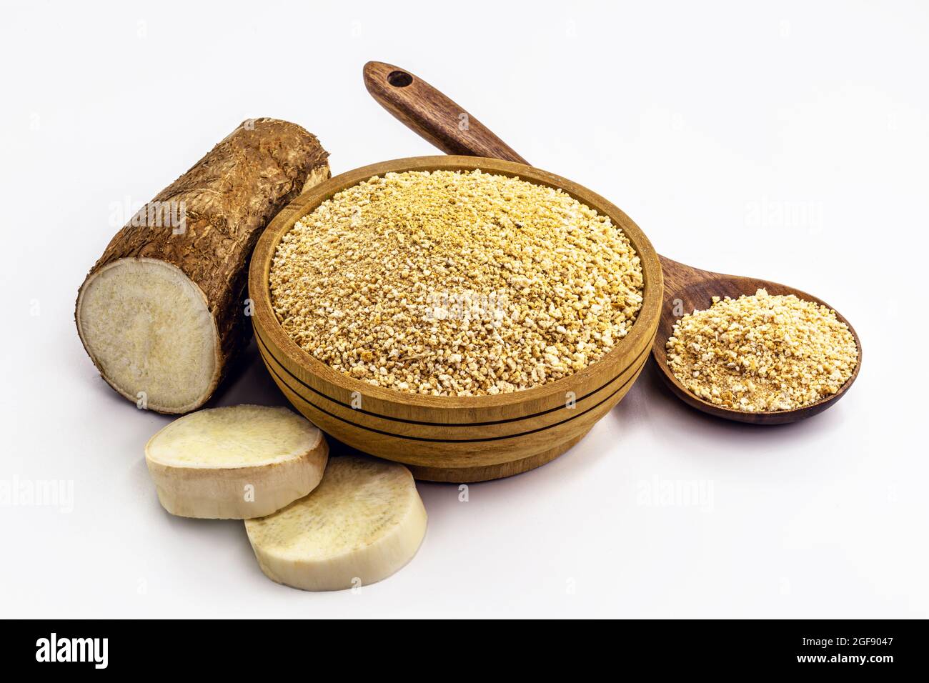 bowl of roasted manioc flour on isolated white background, alternative ...