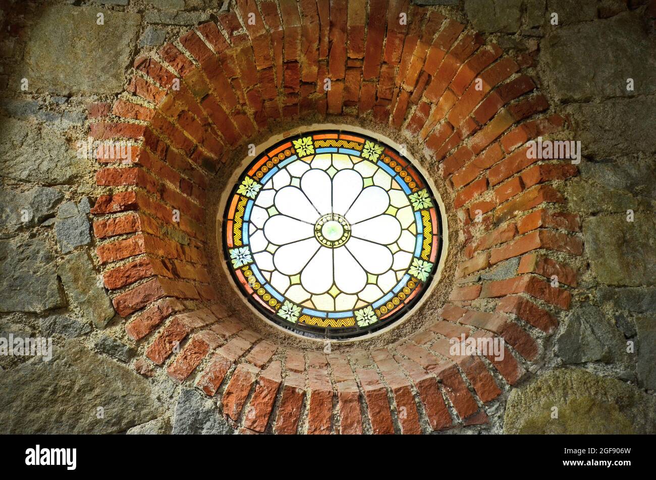 Austria, circular stained-glass window in the church of Franciscan ...