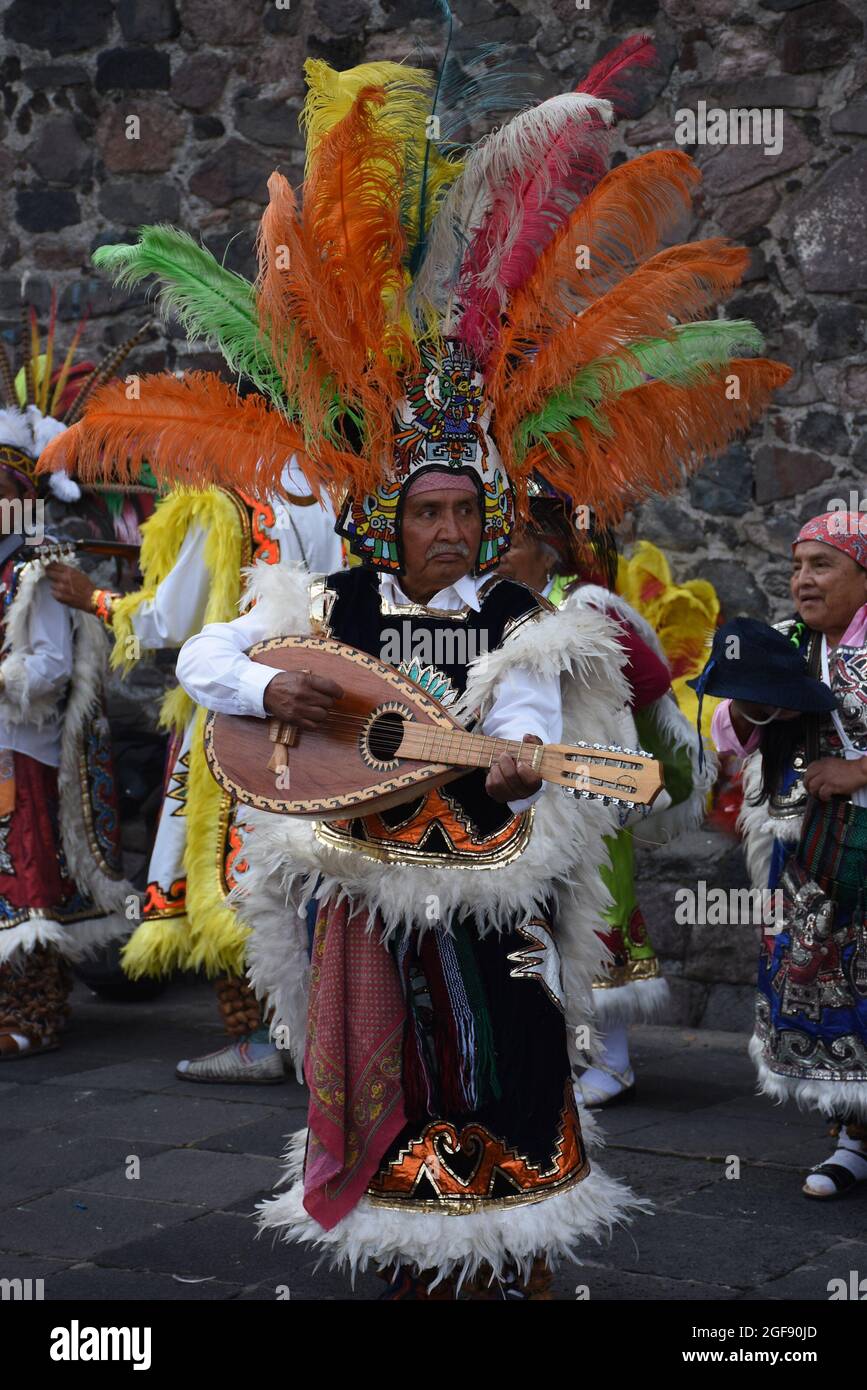 A conchero, a traditional musician, playing stringed instrument called ...