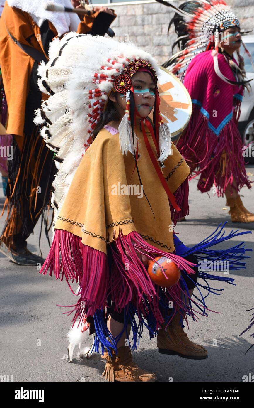 Indigenous people—called Concheros—dressed in traditional clothing for ...