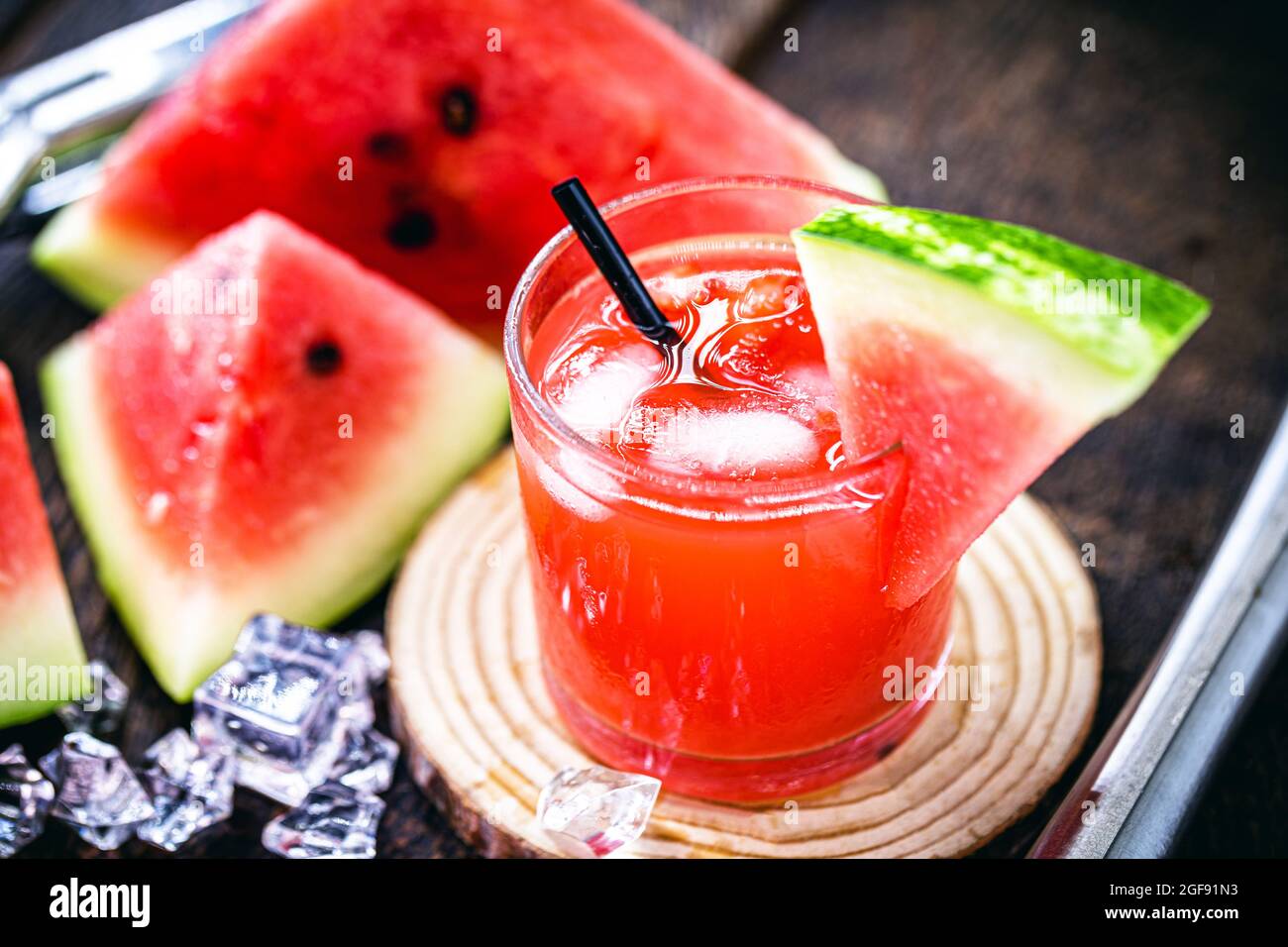 glass of typical Brazilian drink called caipirinha, watermelon ...