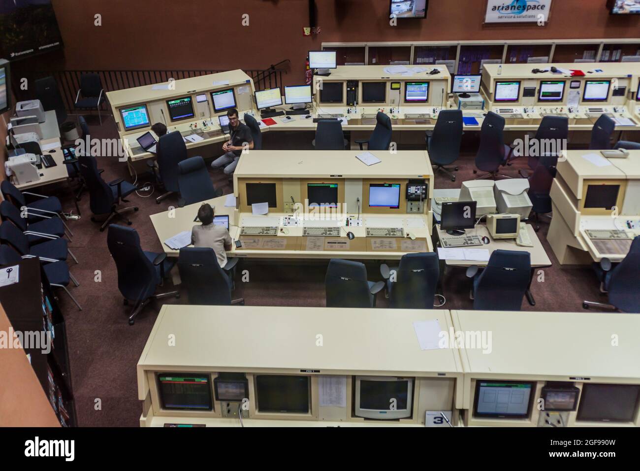 KOUROU, FRENCH GUIANA - AUGUST 4, 2015: Ariane 5 rocket control center ...
