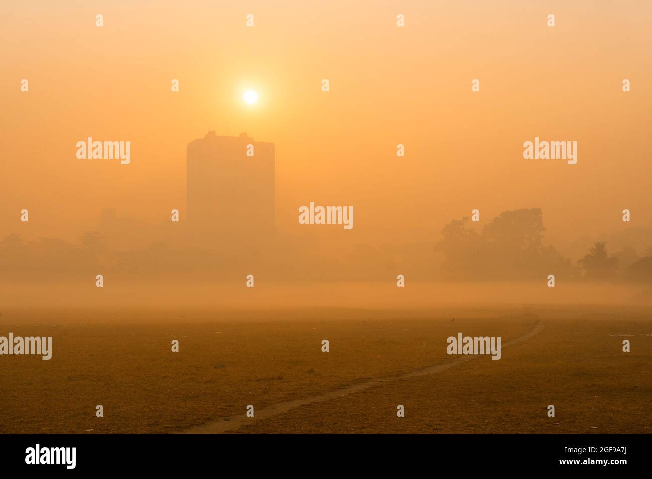 Beautiful image of sunrise at Kolkata maidan in a foggy winter morning ...