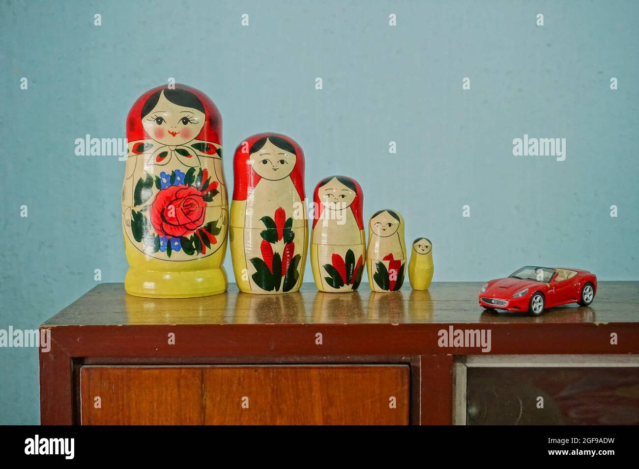 Colourful traditioal dressed Russian dolls , placed on a showcase Stock ...