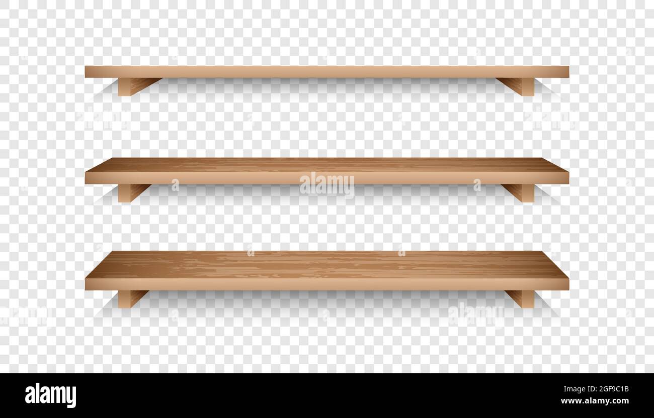 Set of 3d empty wooden shelves. Realistic bookshelves with wood texture ...