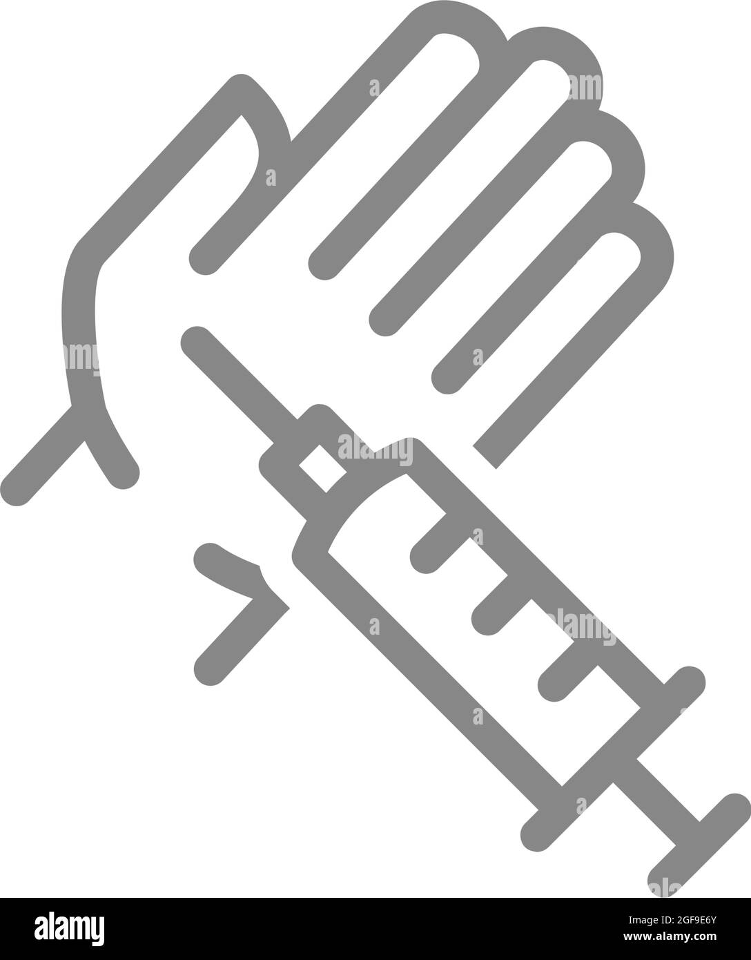 Medical syringe and hand line icon. Vaccination, make an injection ...