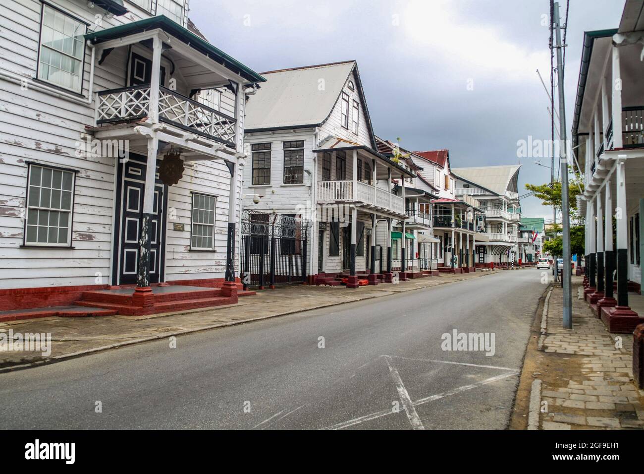 Street with old colonial buildings in Paramaribo, capital of Suriname ...