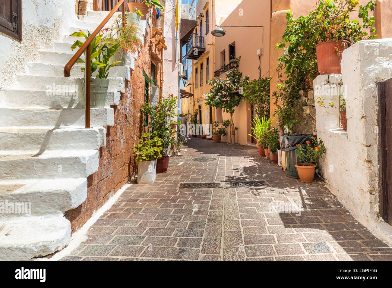 white stairs and charming streets of the old town of Chani on the ...