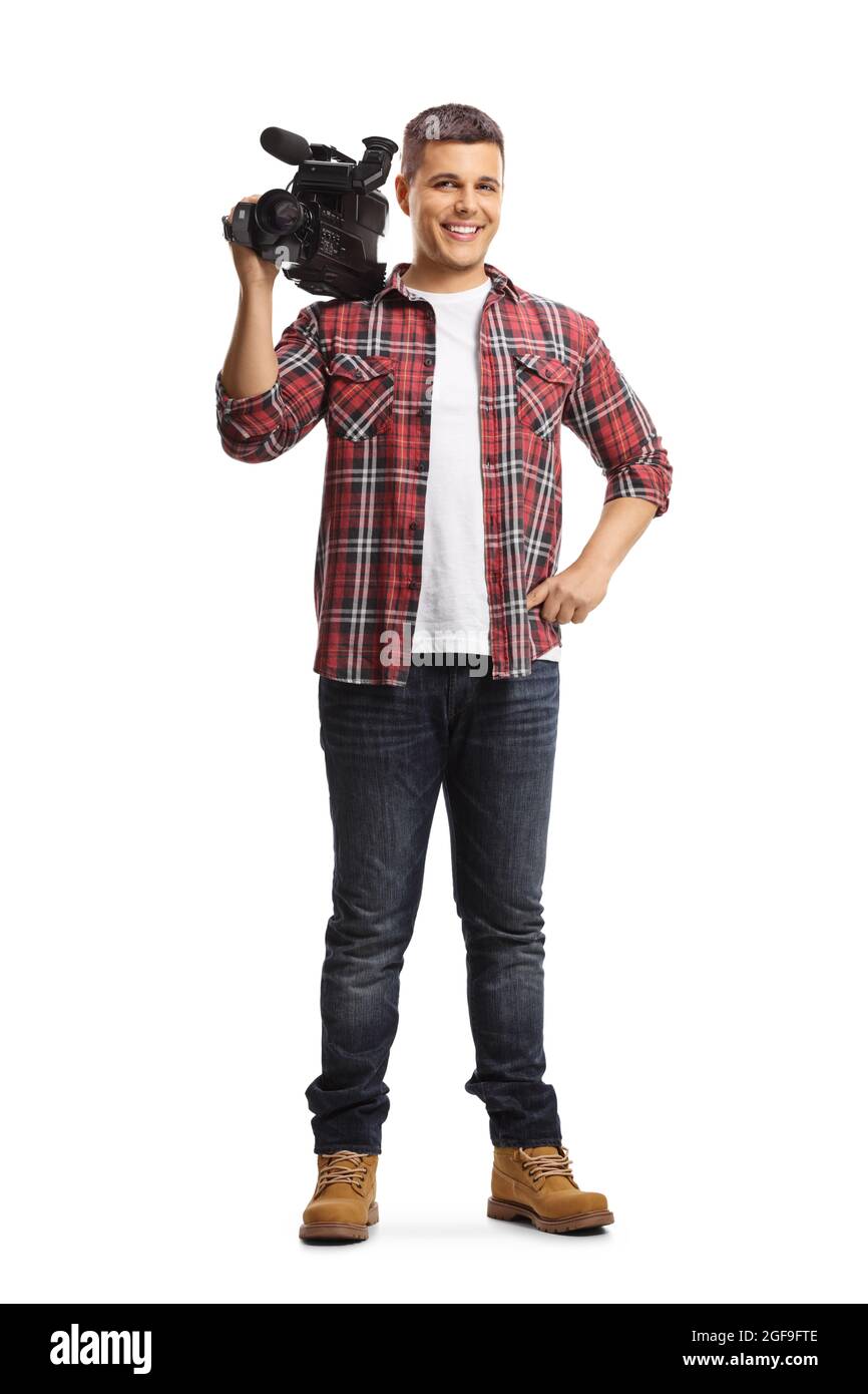 Full length portrait of a young man holding a professional recording ...