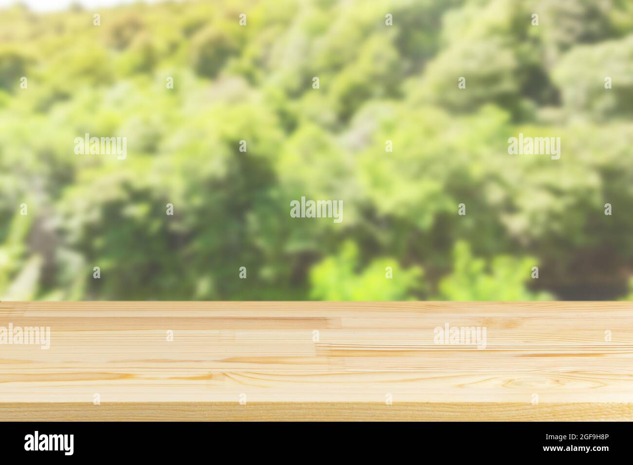 wood table top on blur tree and green foliage background Stock Photo ...