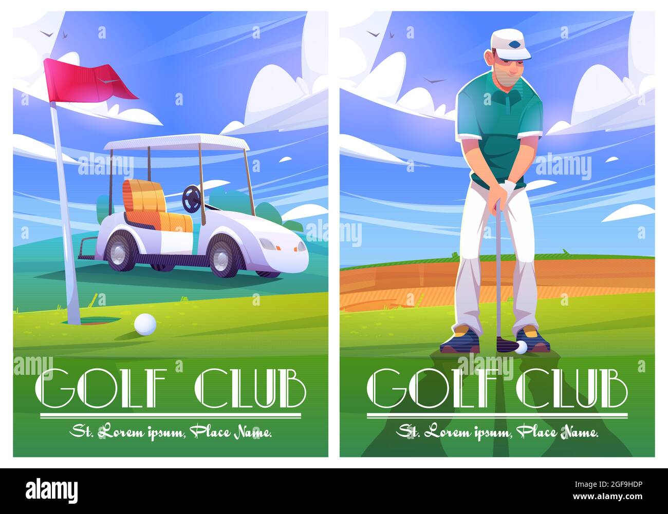 Golf club posters with green course, cart, player Stock Vector Image ...