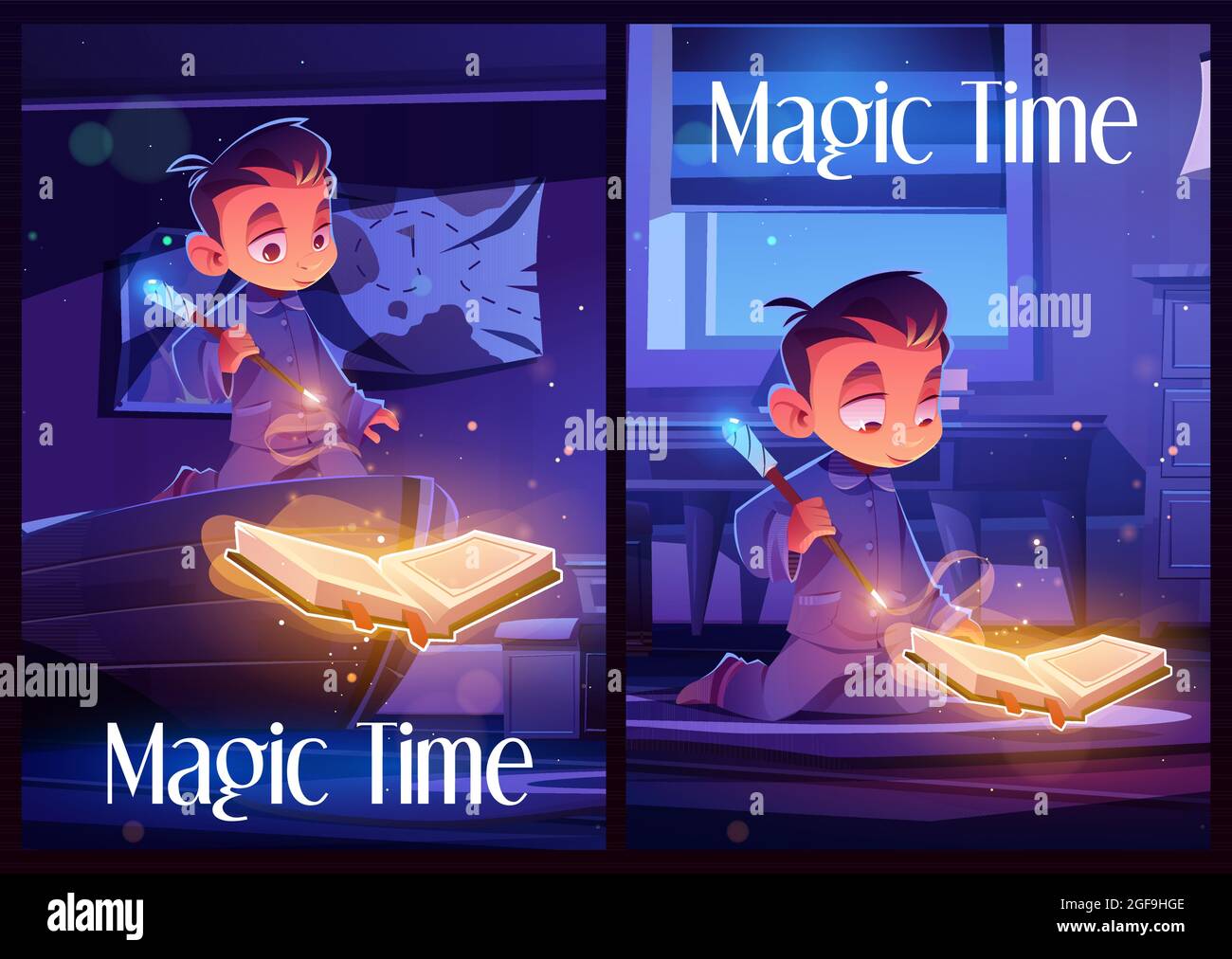 Magic time flyers with boy with spell book Stock Vector Image & Art - Alamy