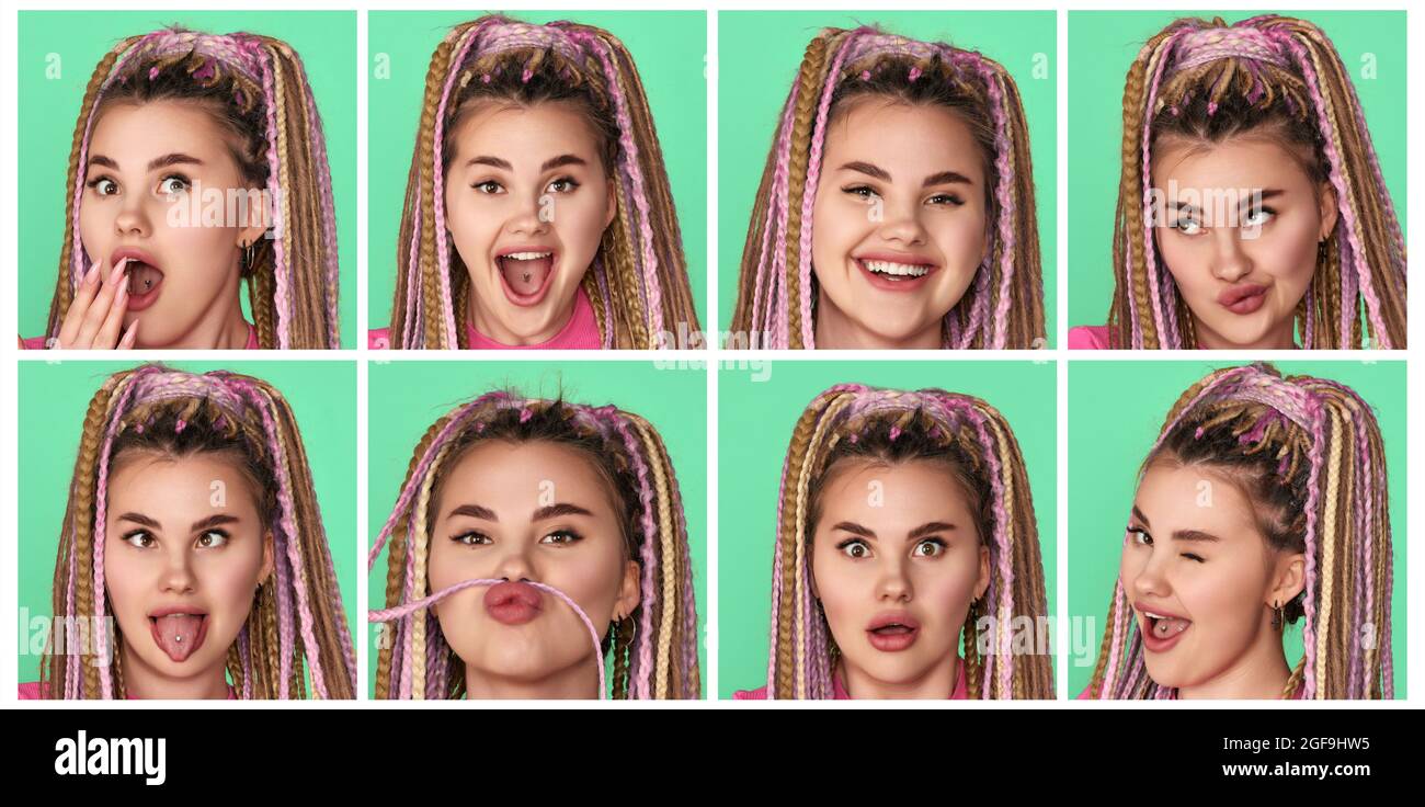 Collage of different facial expressions of young woman with dreadlocks ...