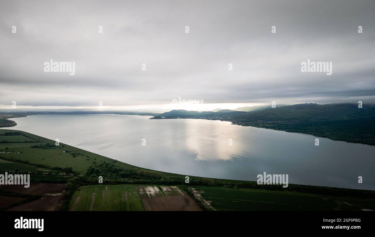 Aerial view of Zemplinska Sirava reservoir in Slovakia - Sunset Stock ...