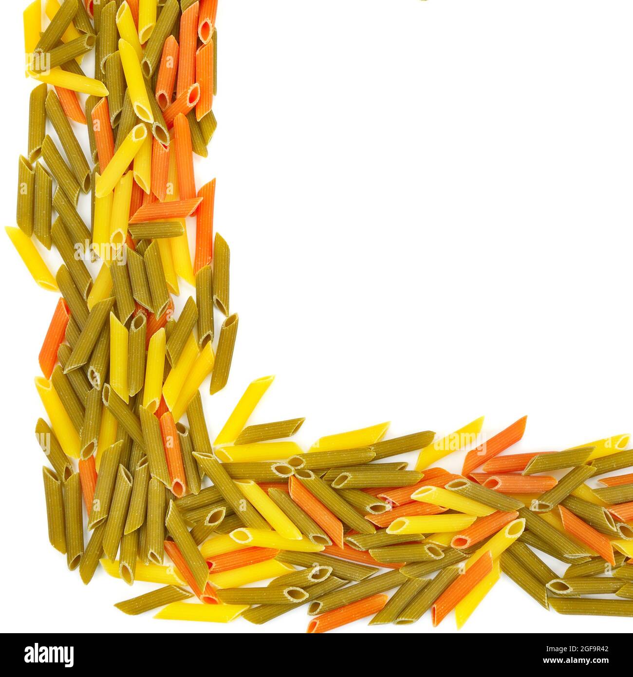 Colored dry macaroni isolated on white background. Square frame of ...