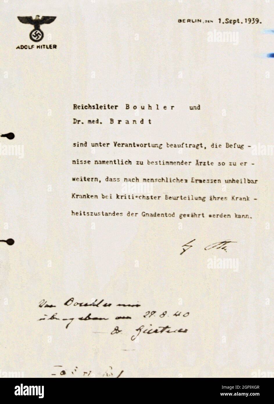 Hitler's order for the T4 Program (Aktion T4), dated 1 September 1939 ...