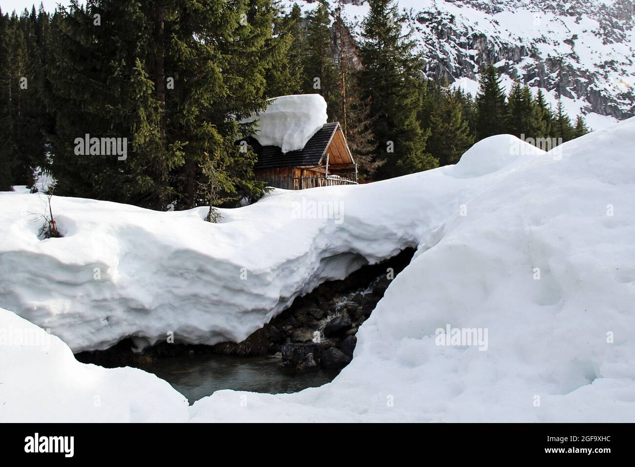 Alpine Wooden House with Huge Snow in Winter Stock Photo - Alamy