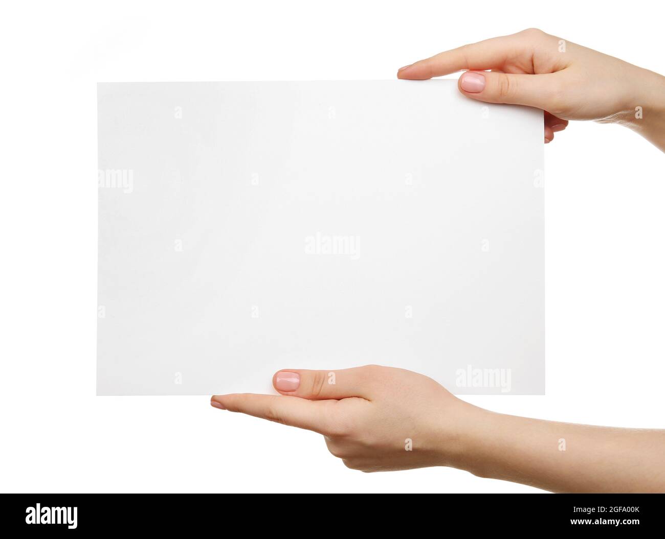 Female hands holding blank sheet of paper isolated on white Stock Photo ...