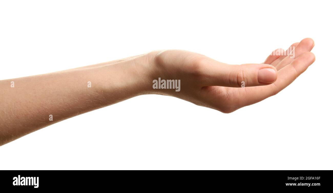 Open palm hand gesture on white background Stock Photo - Alamy
