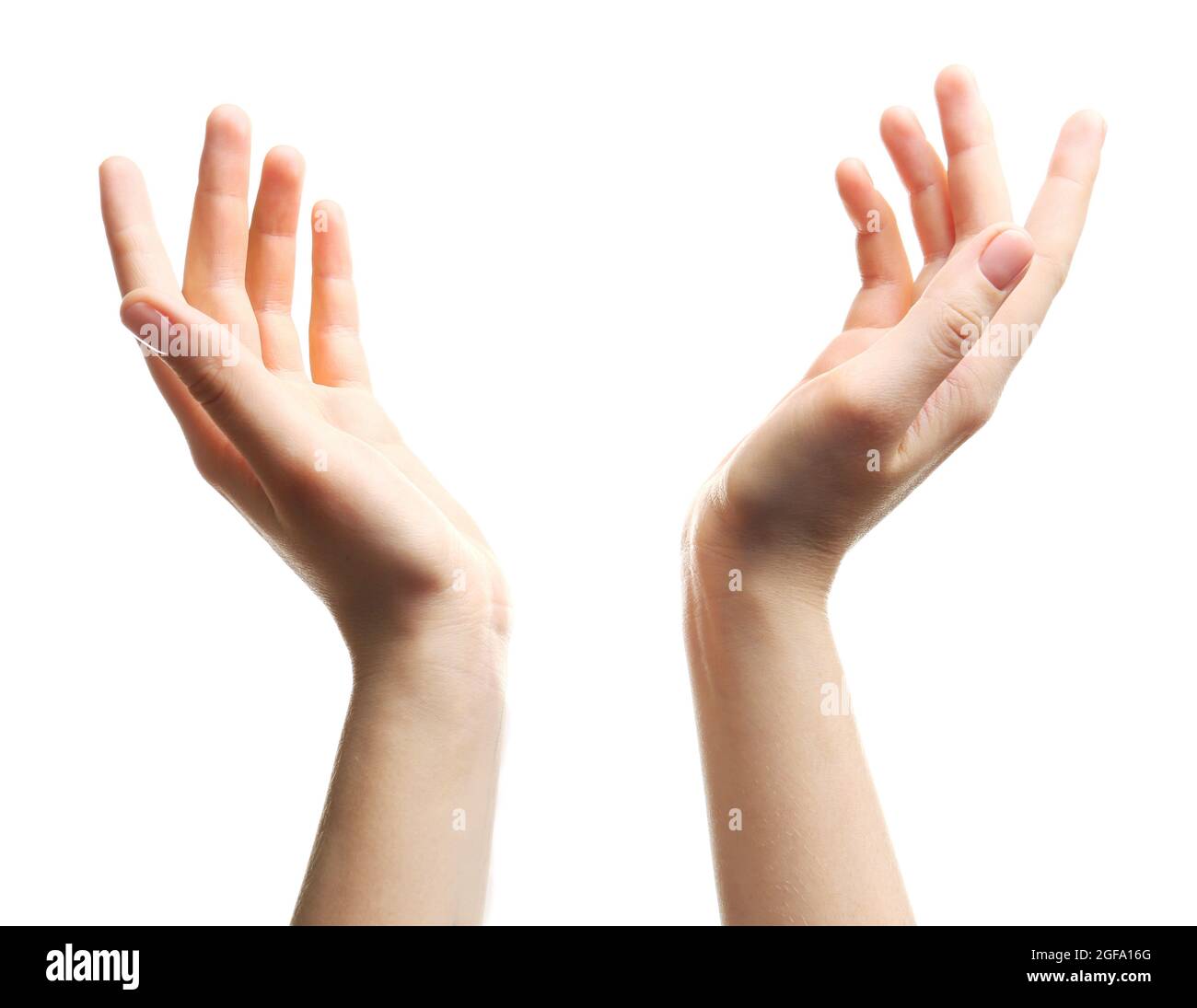 Two open female hands on white background Stock Photo - Alamy