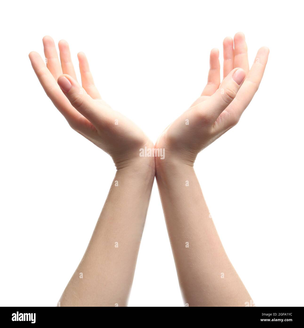 Two open female hands on white background Stock Photo - Alamy