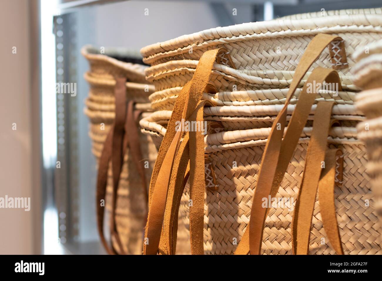 Handmade wicker or esparto bag. Handmade products concept Stock Photo ...
