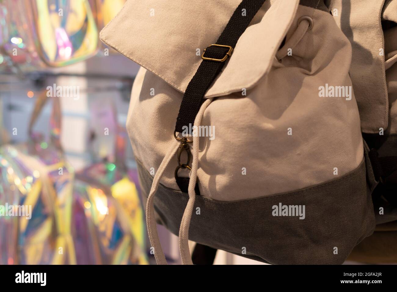 Backpacks hanging on a shelf in a store. Transportation concept Stock ...