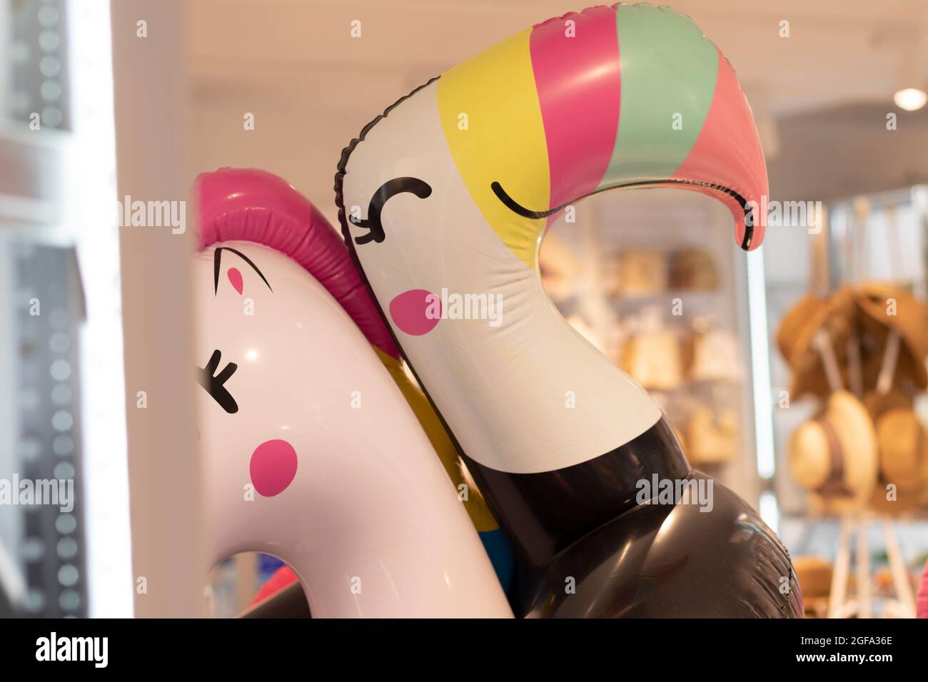 Giant inflatable flamingo, selective focus, pool float party, trendy ...