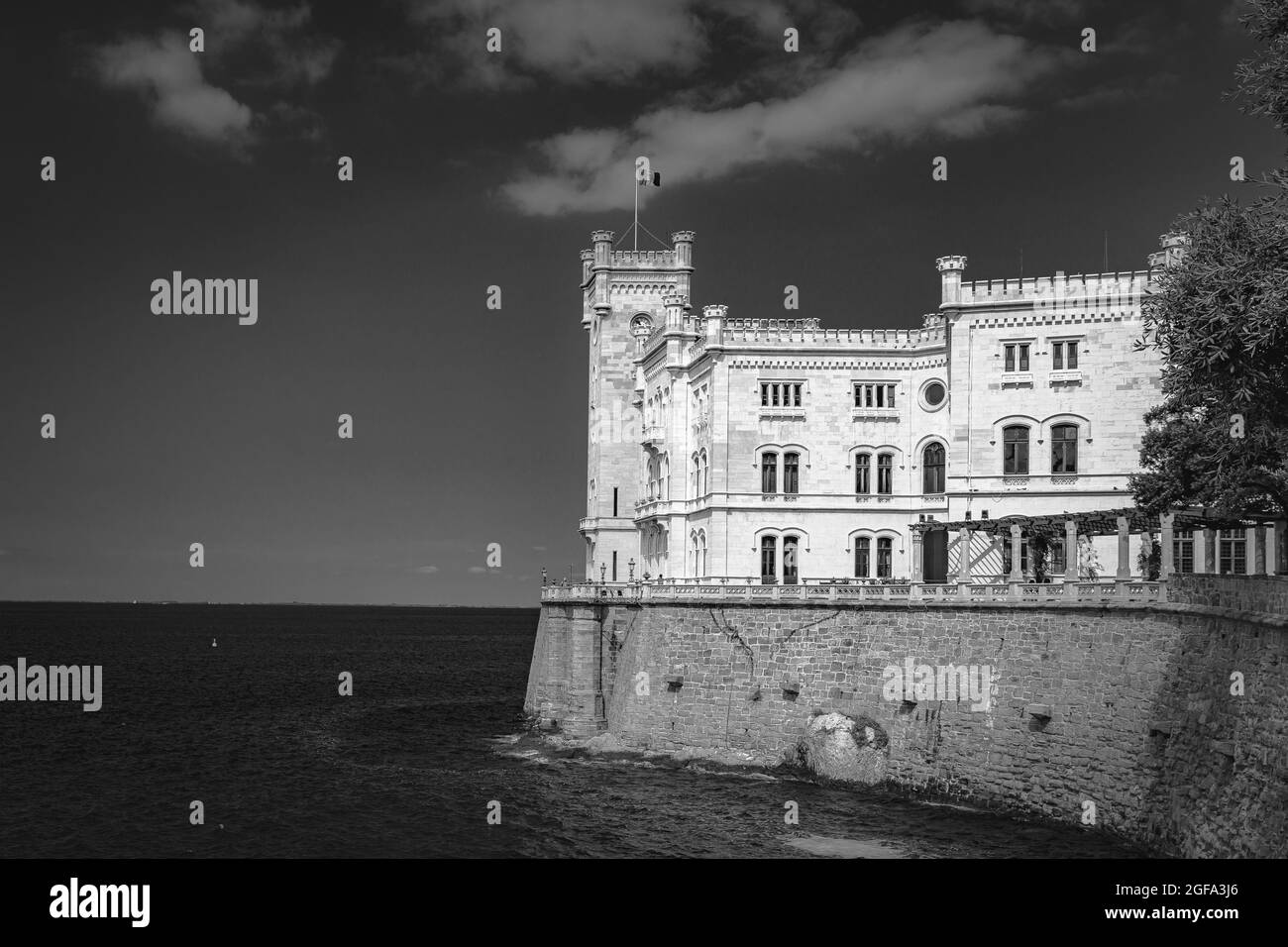 Miramare Castle, side view, black and white, Italy Stock Photo - Alamy