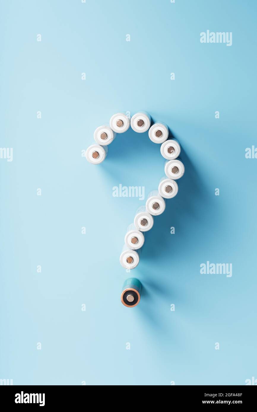 AA rechargeable batteries in the form of a question mark on a blue ...