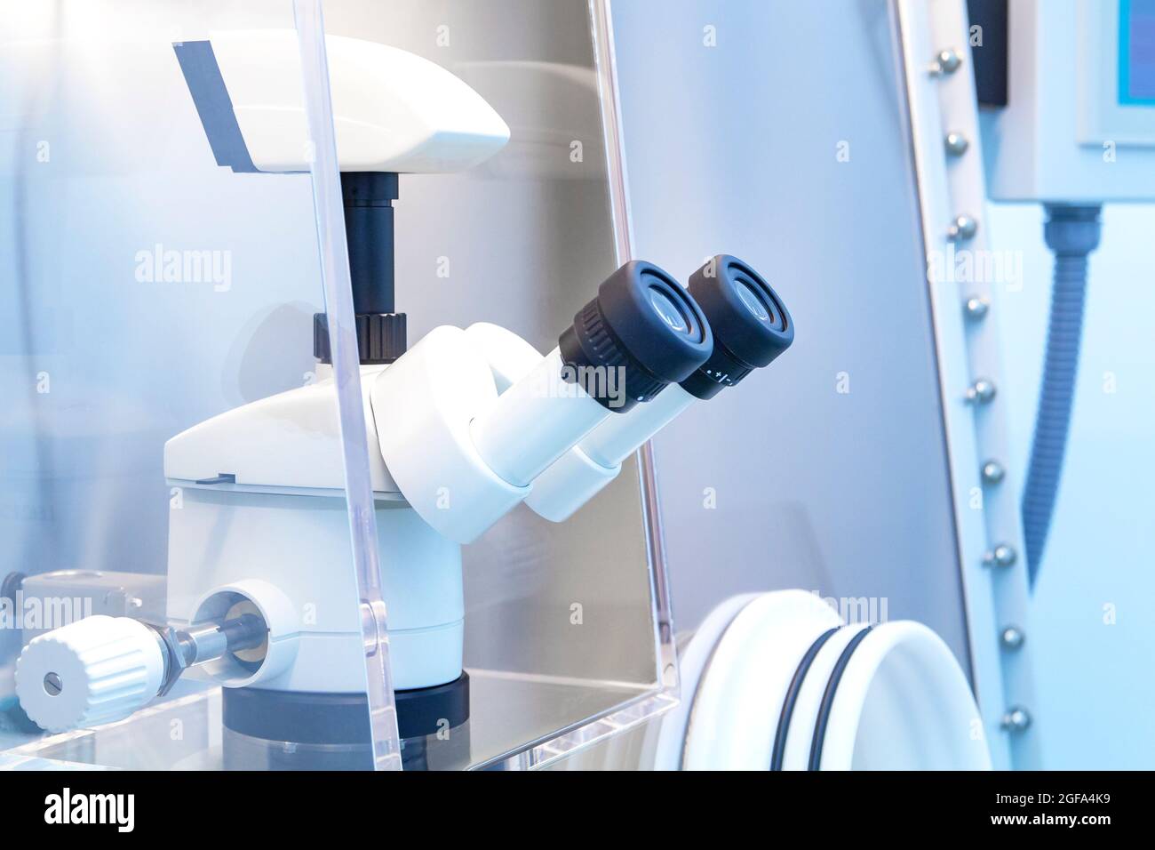 The eyepieces of a light or fluorescent microscope in a research ...