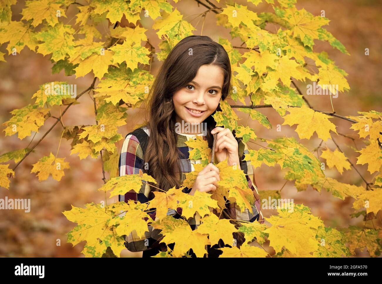 happy kid enjoy fall weather. small girl in autumn leaves. fall time ...