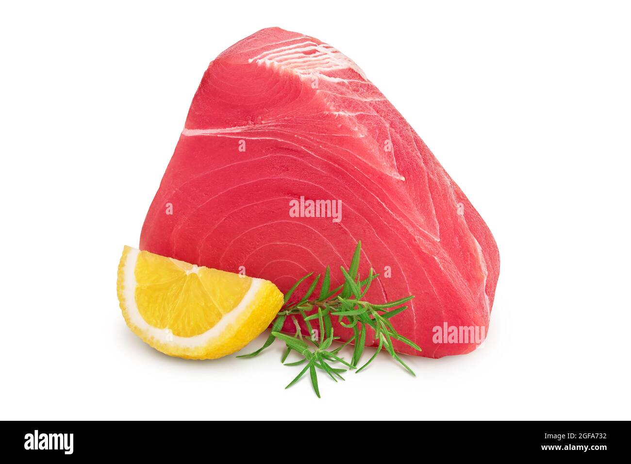 Fresh tuna fish fillet steak with rosemary and lemon isolated on white ...