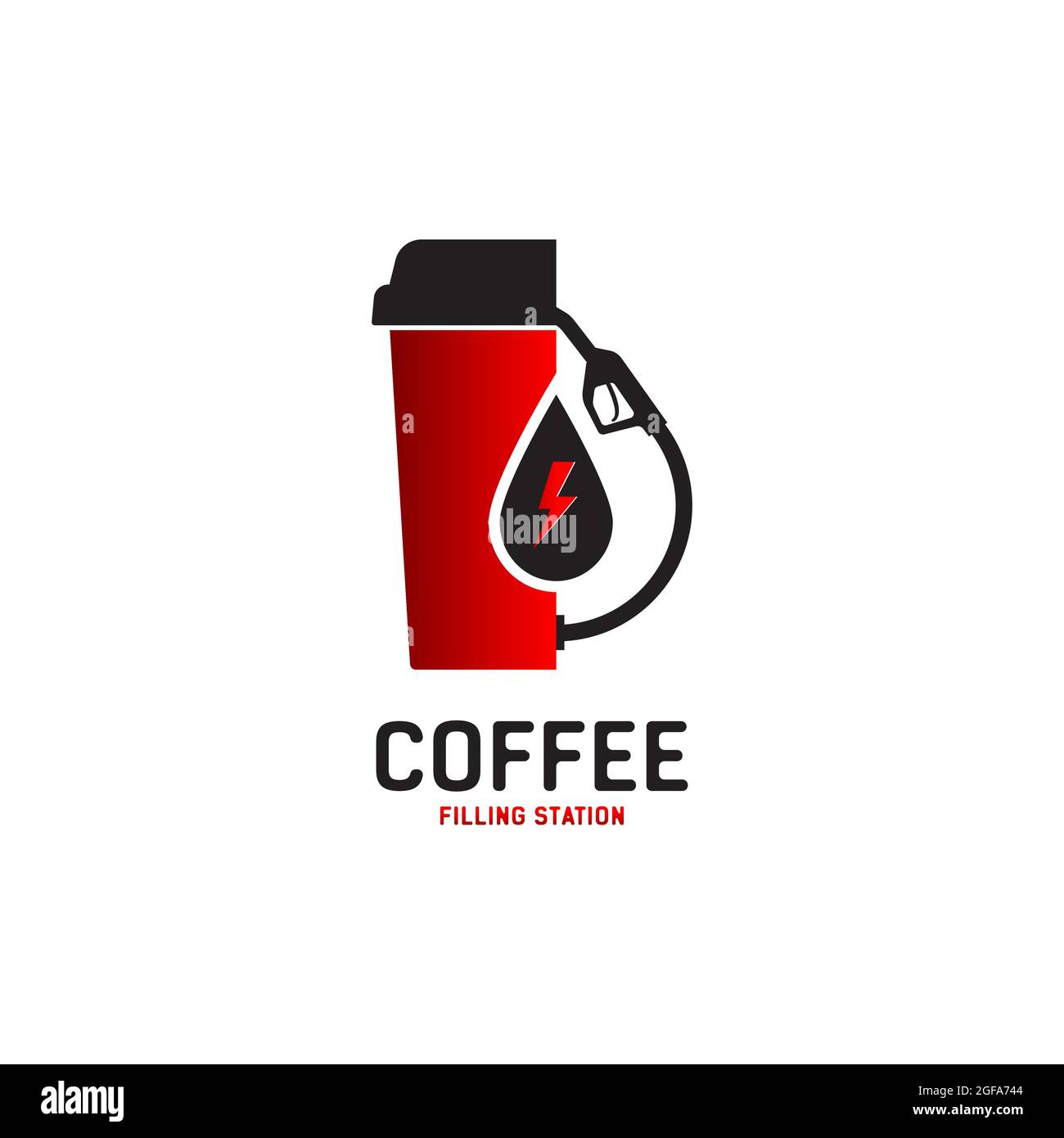 Red cup of coffee and a gas station hose. Logo or label template on ...
