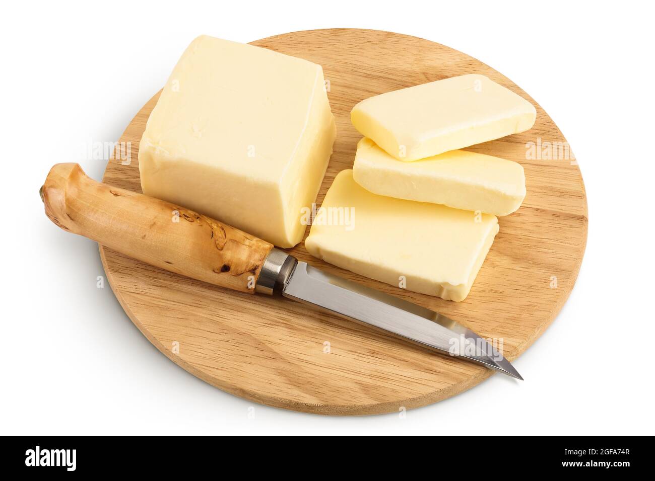 butter slices on wooden board isolated on white background with ...