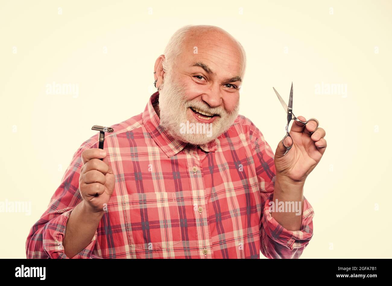 Cut or shave. Pick perfect length and shape of beard. Mature man barber ...