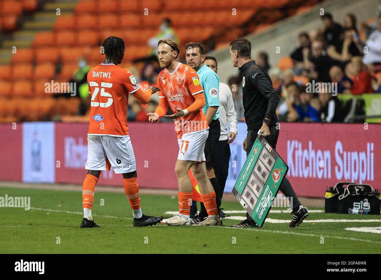 Josh Bowler #11 of Blackpool comes on for Cameron Antwi #25 of ...