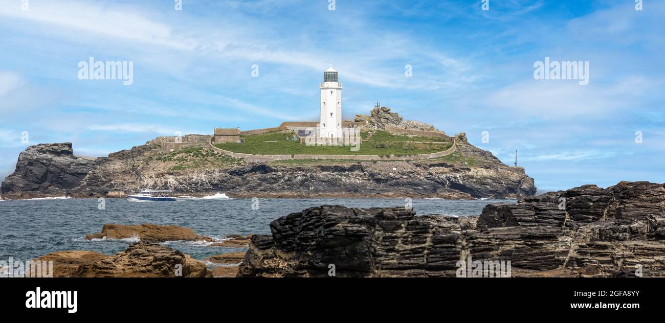 Panoramic view of Godrevy Lighthouse off the coast of Cornwall near St ...