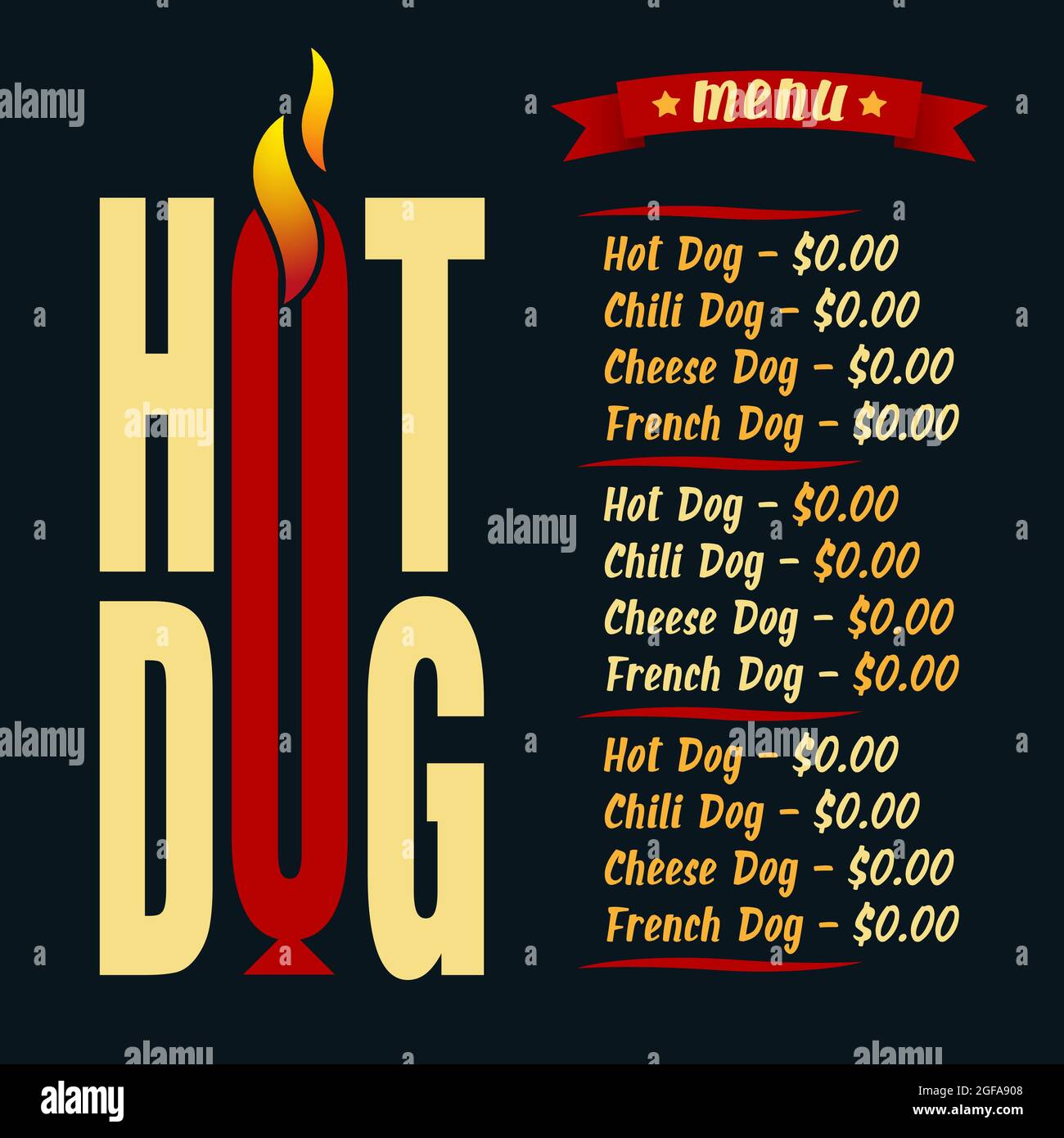 Menu template for different types of Hot Dog. Street food concept Stock ...